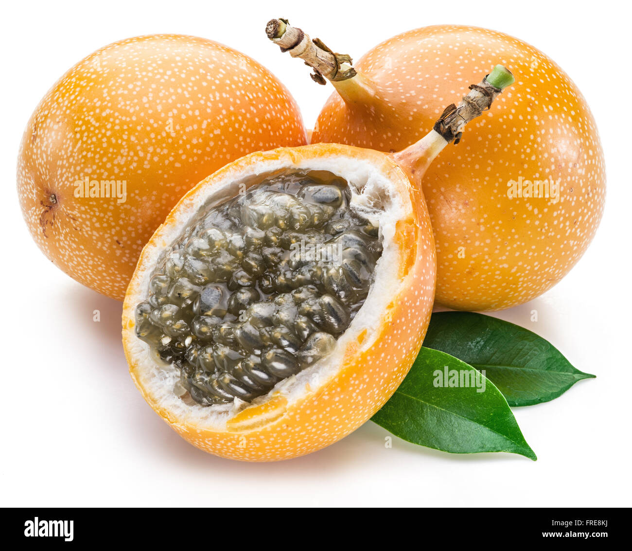 Granadilla fruits on the white background Stock Photo - Alamy