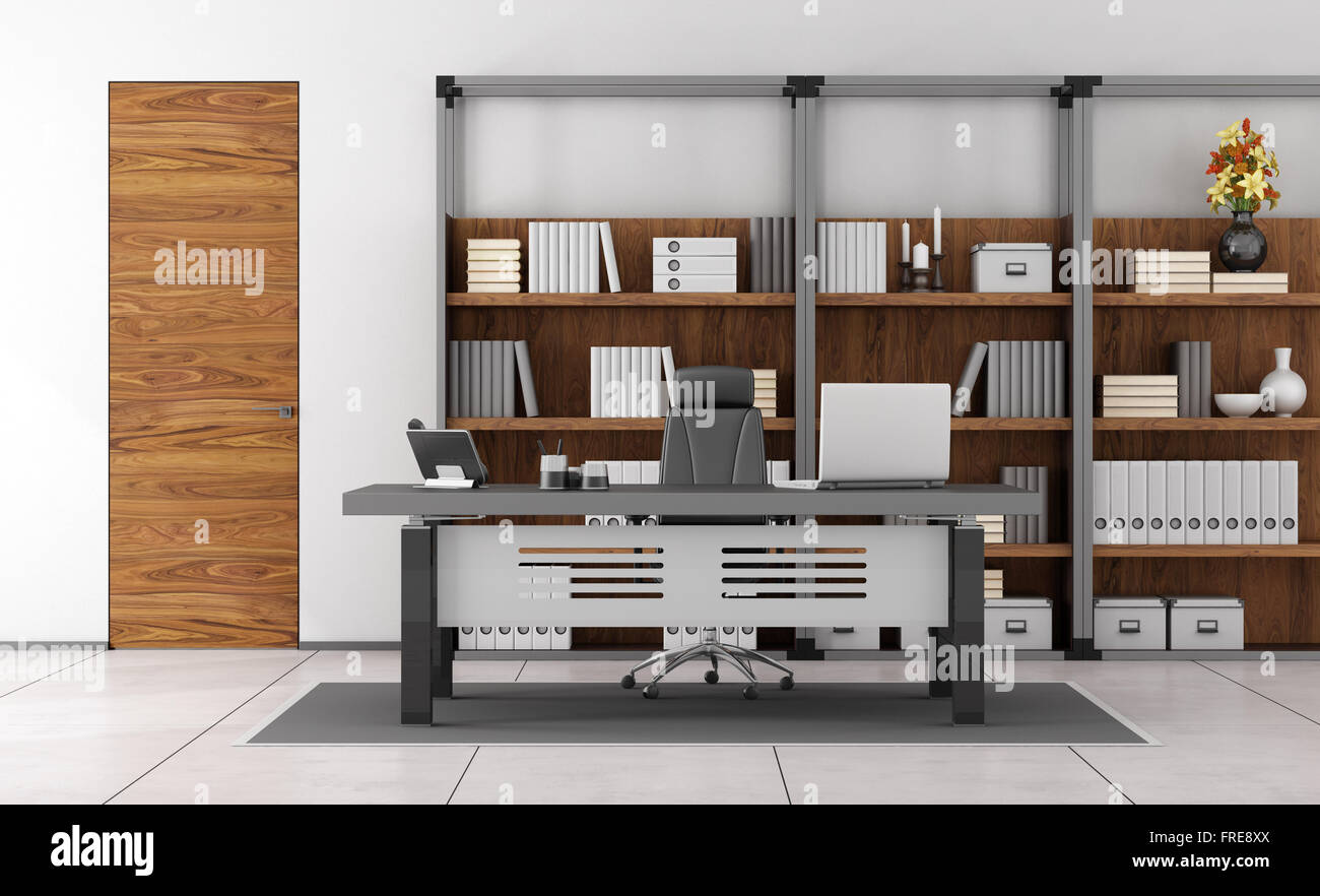 Contemporary office with bookcase,desk and closed wooden door - 3D ...