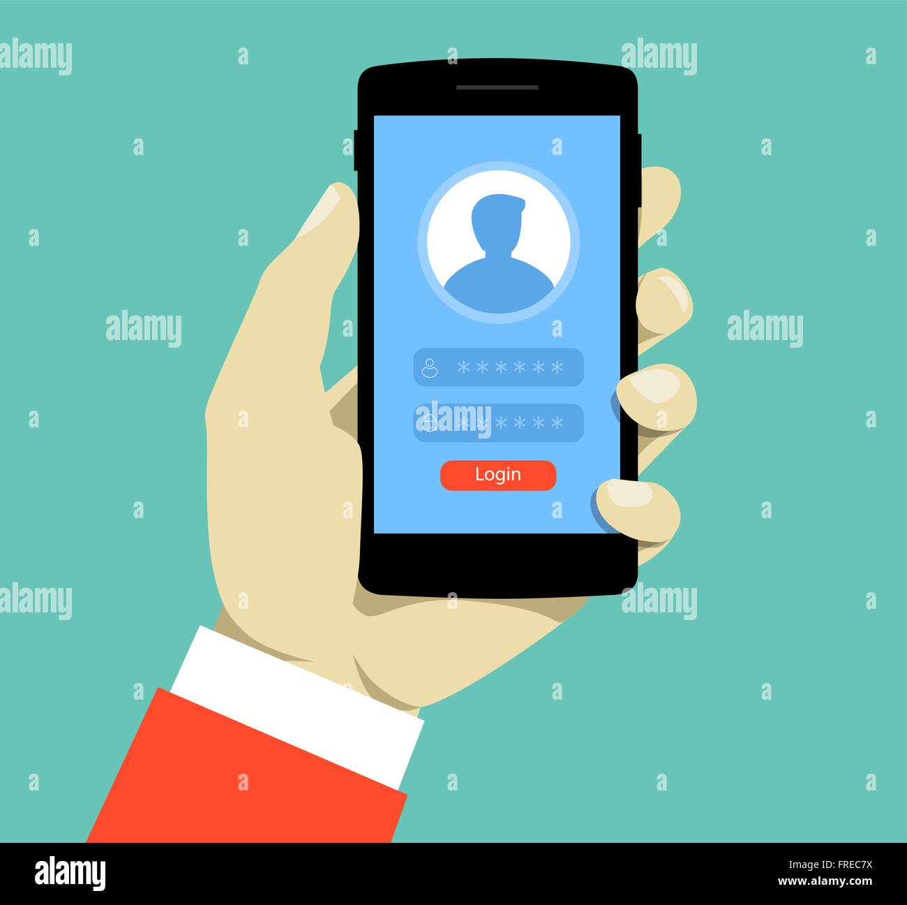 Login page on smartphone screen. Hand hold smartphone. Mobile account ...