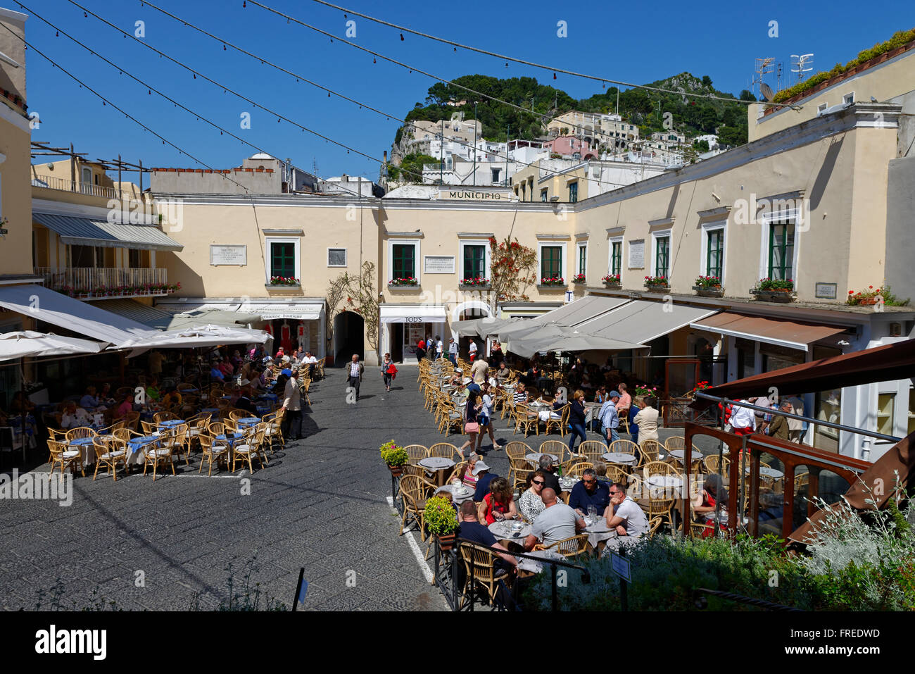On the Piazetta square with sidewalk cafes, Capri, Capri island, Gulf ...
