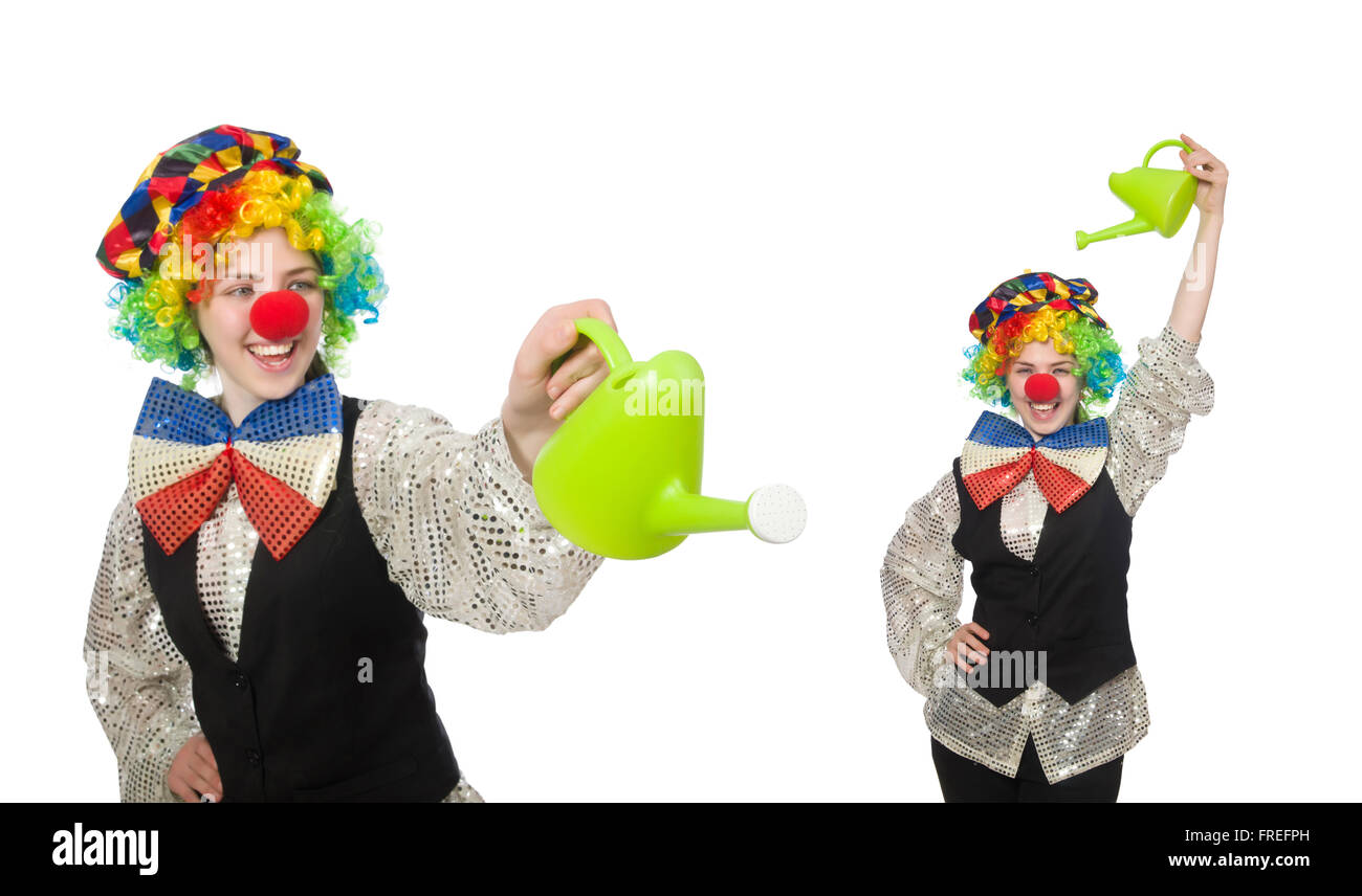 Female clown with watering can isolated on white Stock Photo - Alamy