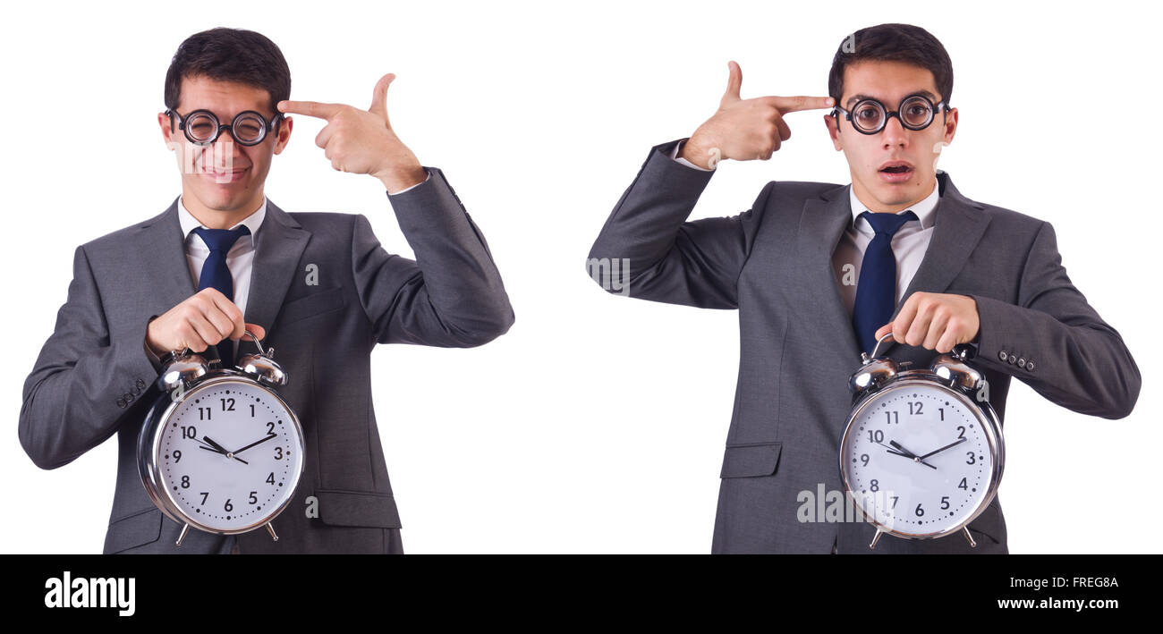 Man with clock isolated on white Stock Photo - Alamy