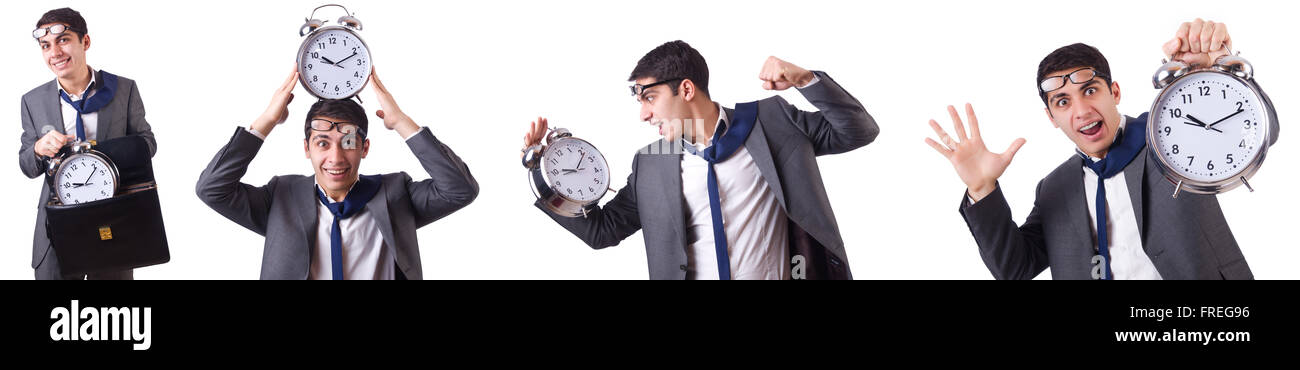 Man with clock isolated on white Stock Photo - Alamy