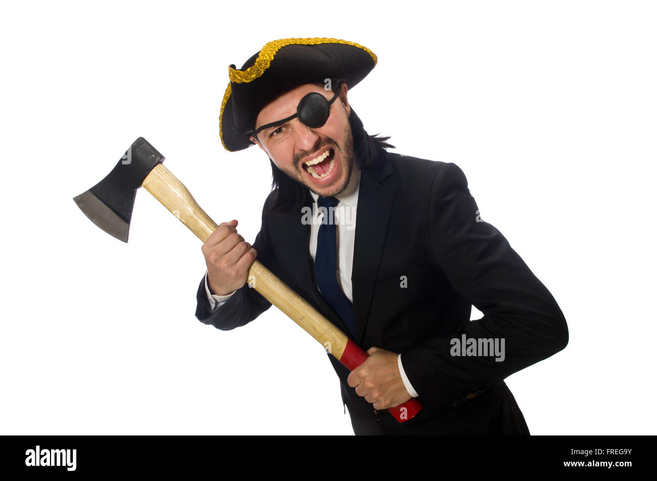 Pirate businessman with axe isolated on white Stock Photo - Alamy
