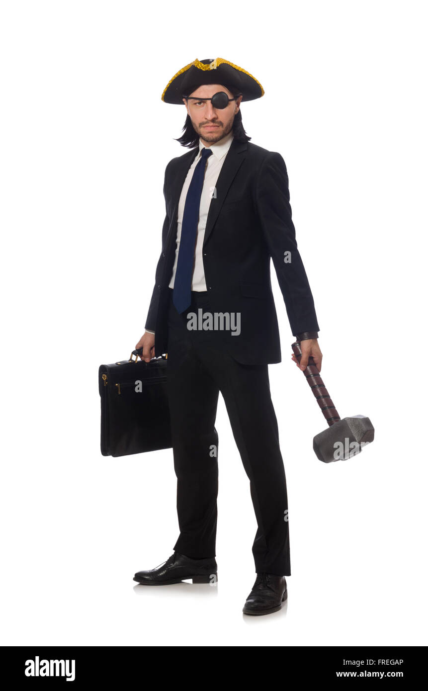 Pirate businessman with hammer and briefcase isolated on white Stock ...