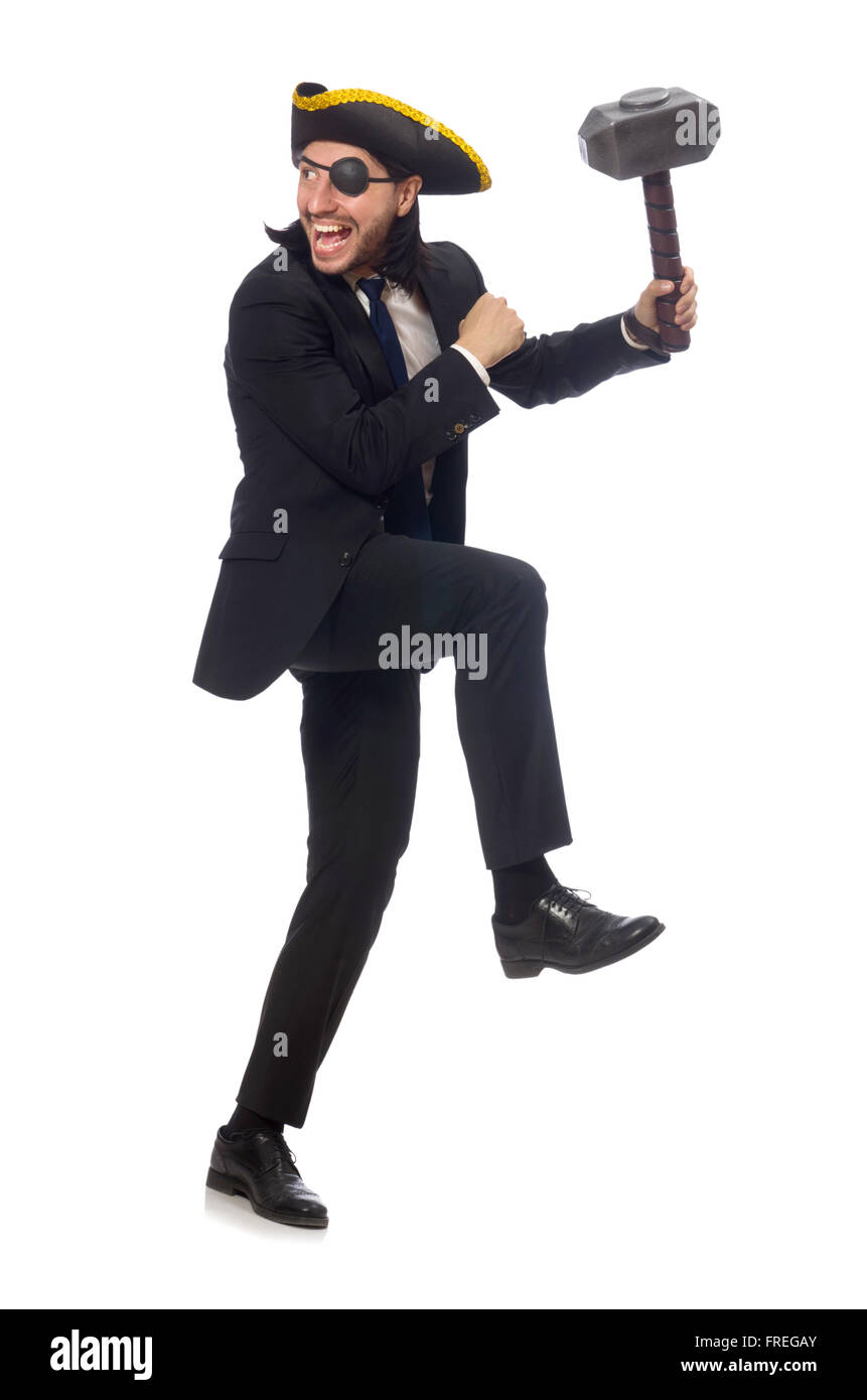 Pirate businessman holding hammer isolated on white Stock Photo - Alamy