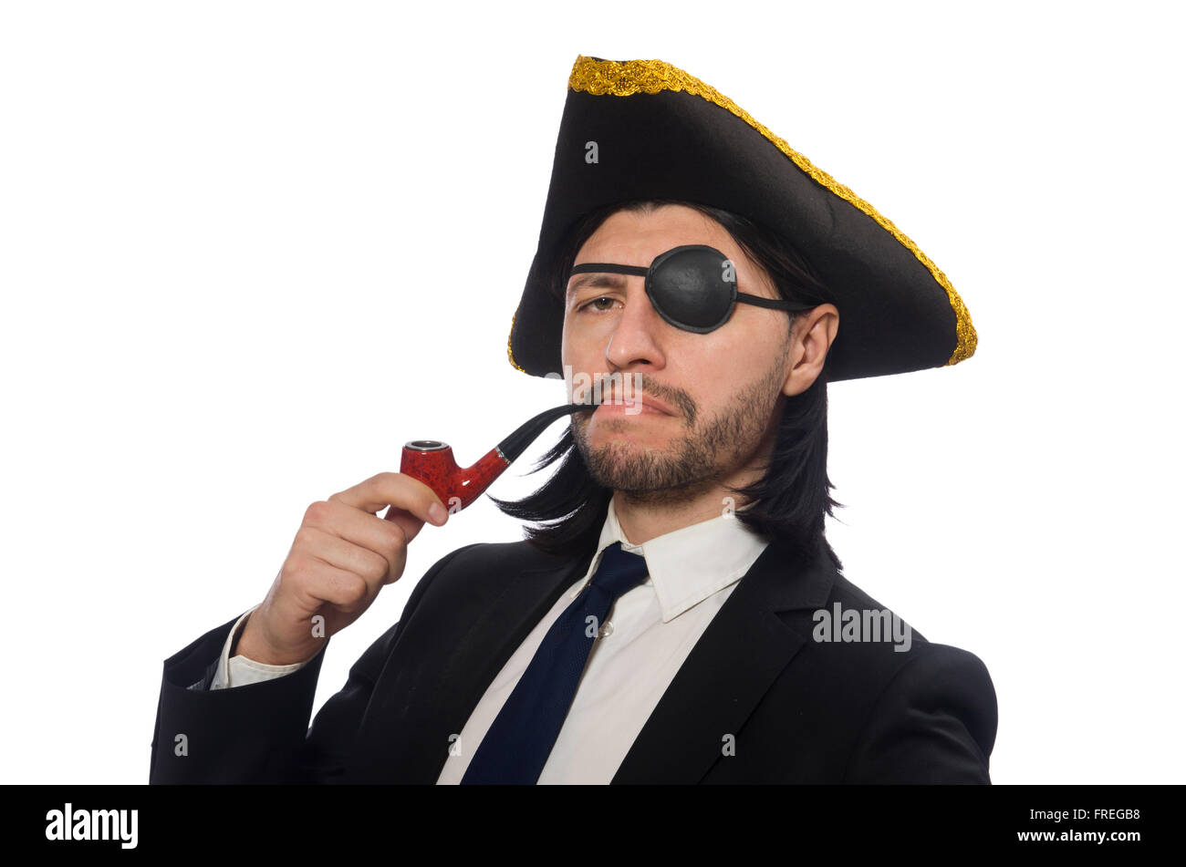 Pirate businessman with smoking pipe isolated on white Stock Photo - Alamy