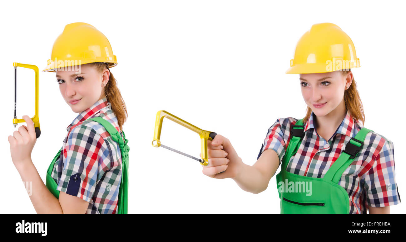 Female handyman in overalls isolated on white Stock Photo - Alamy