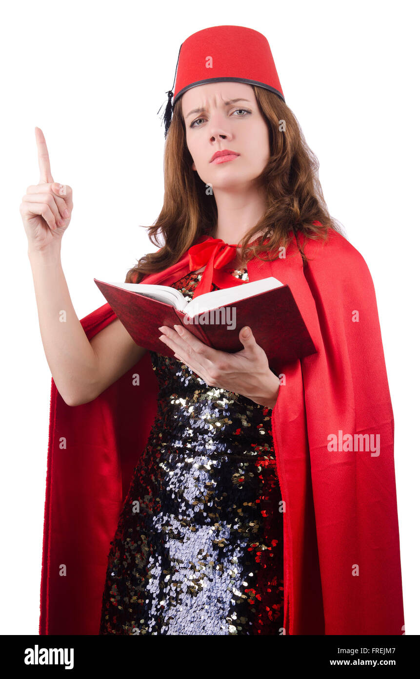 Woman wearing fez hat isolated on white Stock Photo - Alamy