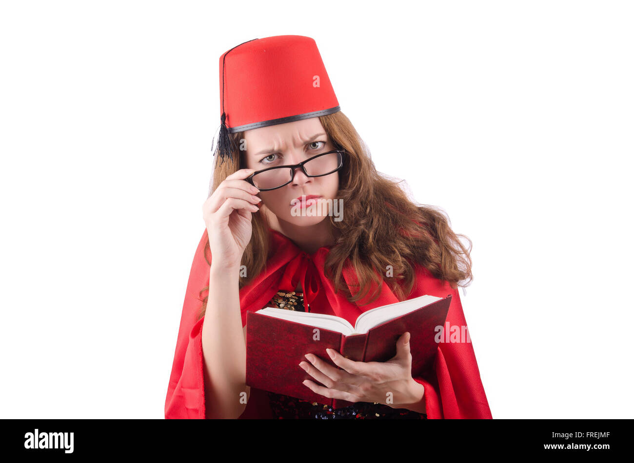 Woman wearing fez hat isolated on white Stock Photo - Alamy