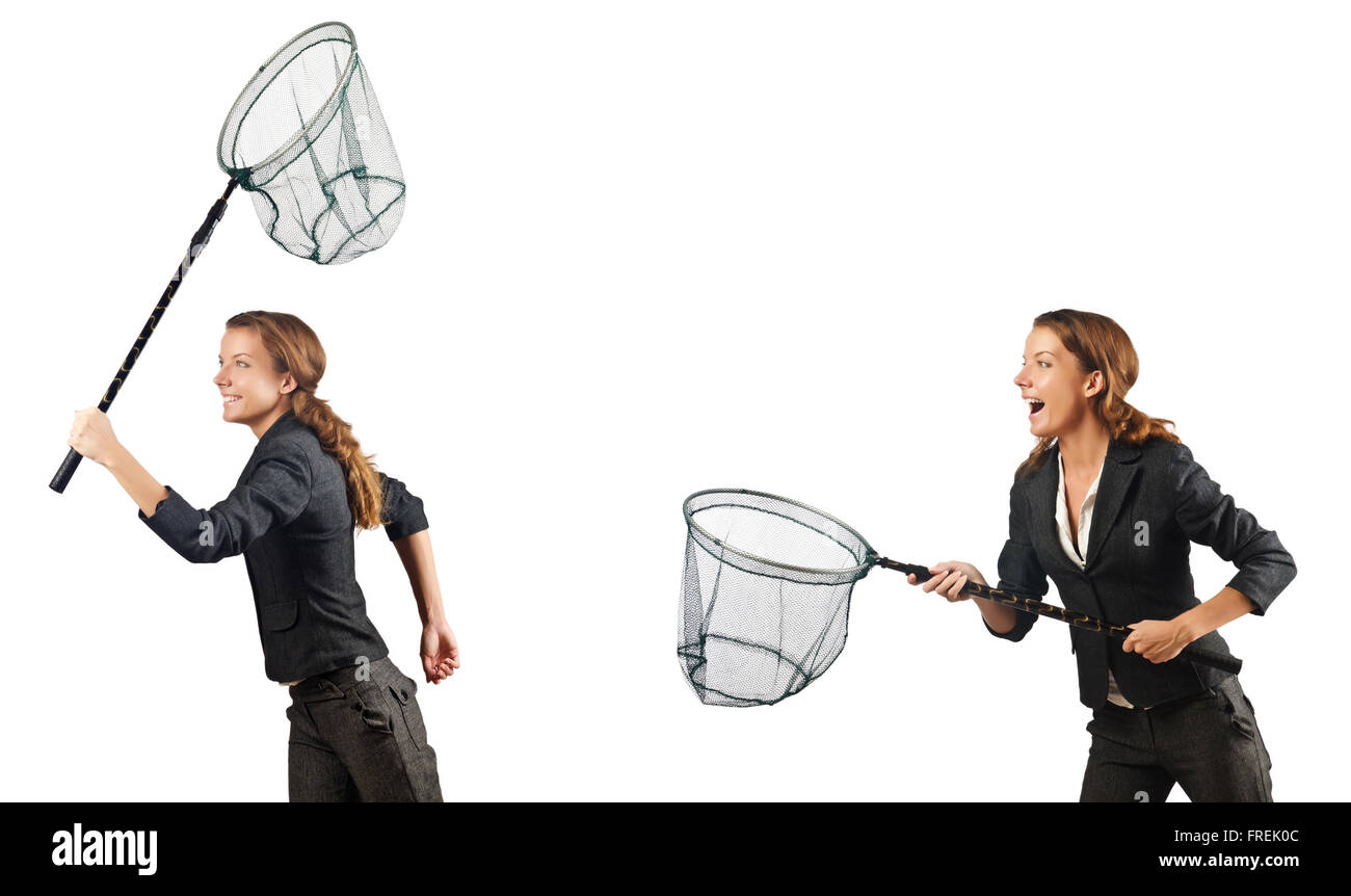 Woman with net isolated on white Stock Photo - Alamy