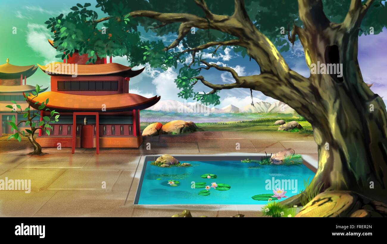 Chinese Courtyard. Digital painting Stock Photo - Alamy