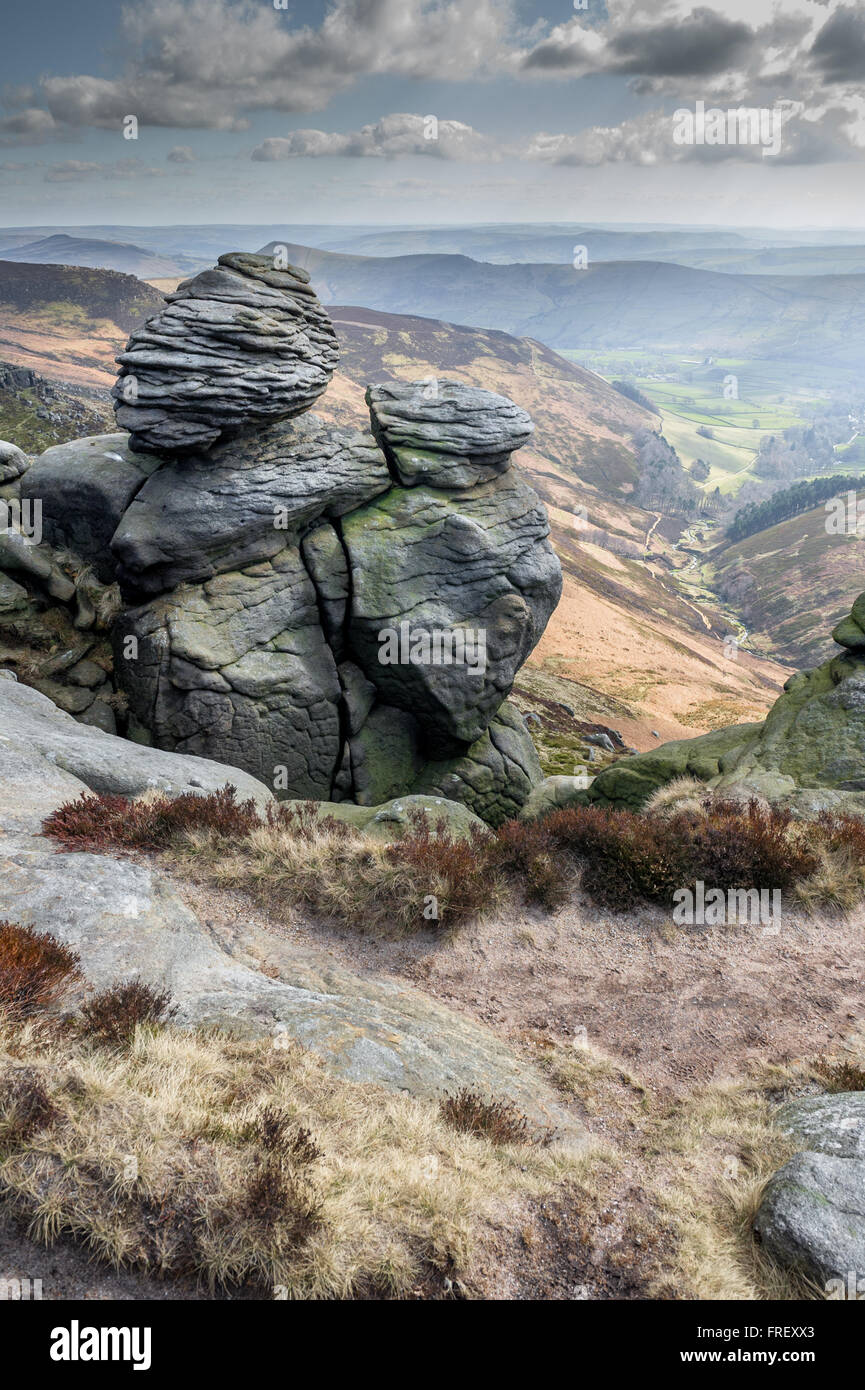 Outcrop of Gritstone on the top of Edale moor overlooking Edale in ...