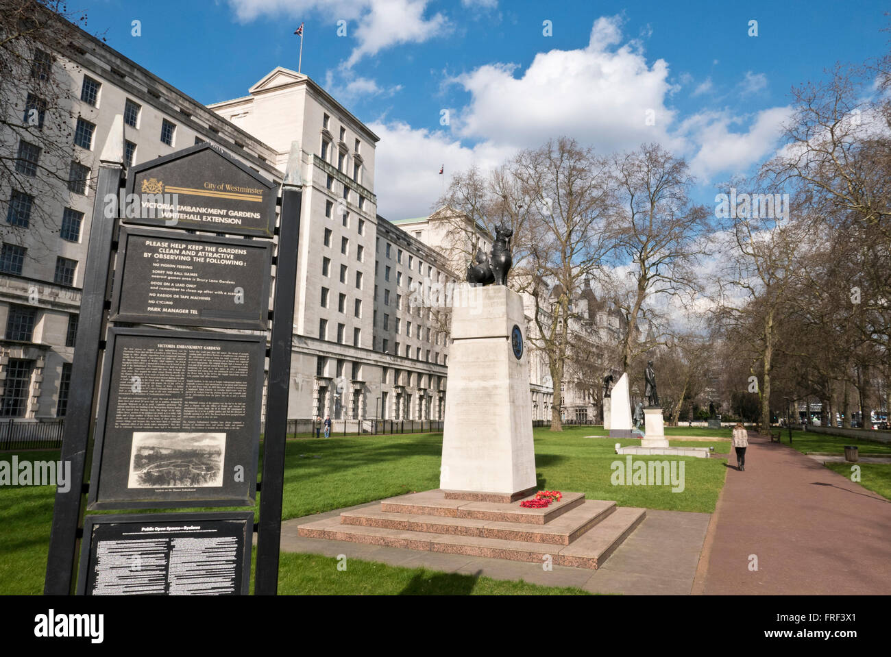 Victoria Embankment Garden with several commemorative monuments, London ...
