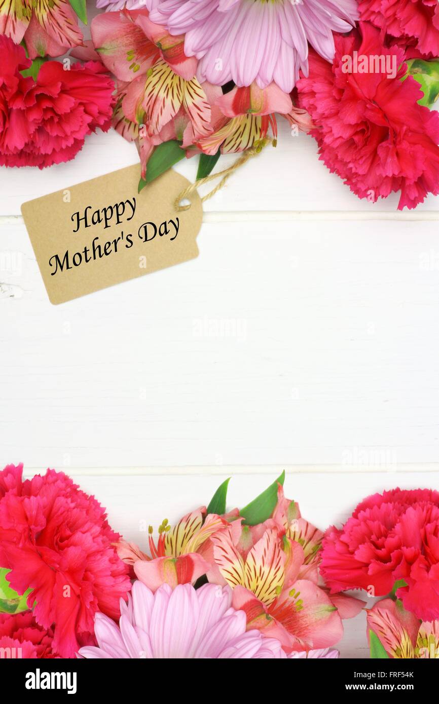 Happy Mother's Day gift tag with double border of pink flowers against ...