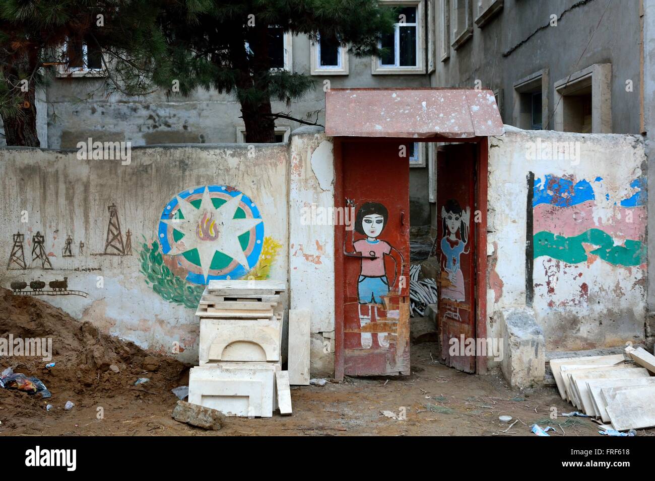 Street art on wall in Baku, capital of Azerbaijan. The Azerbaijani flag ...