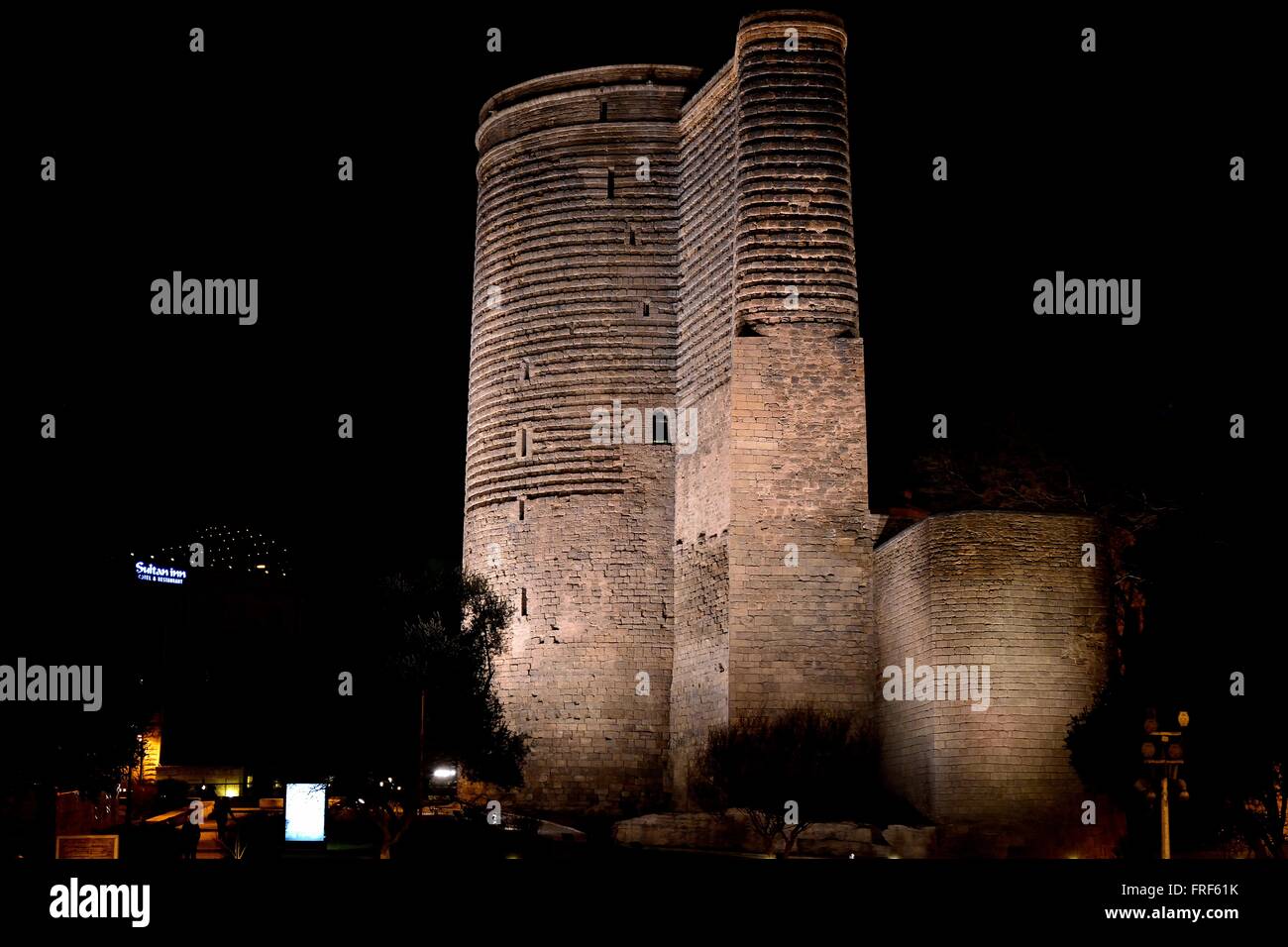 Maiden's Tower at night in Baku, capital of Azerbaijan. On the Caspian ...