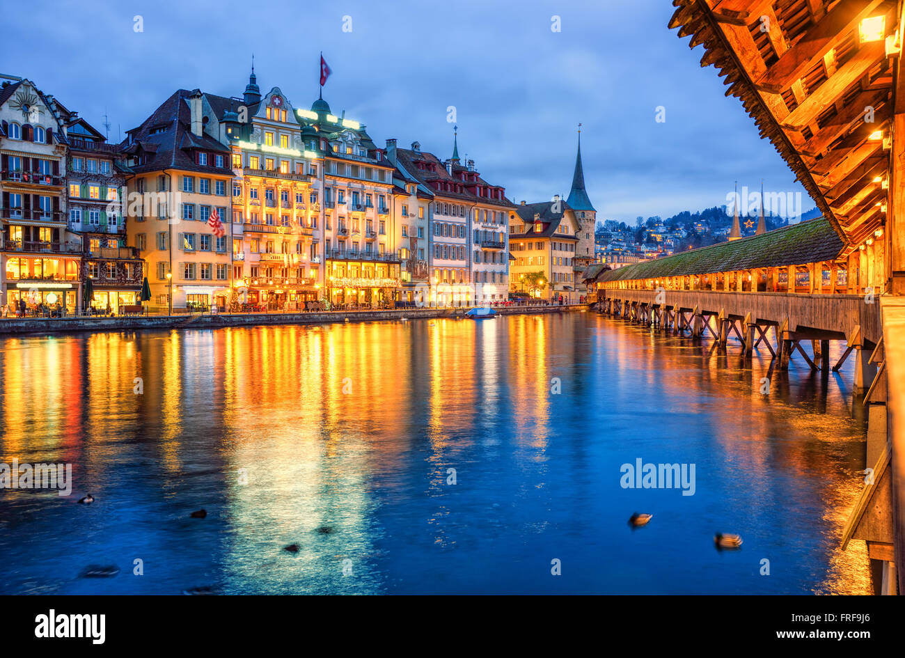 Lucerne, Switzerland, view of the old town from wooden Chapel bridge in ...
