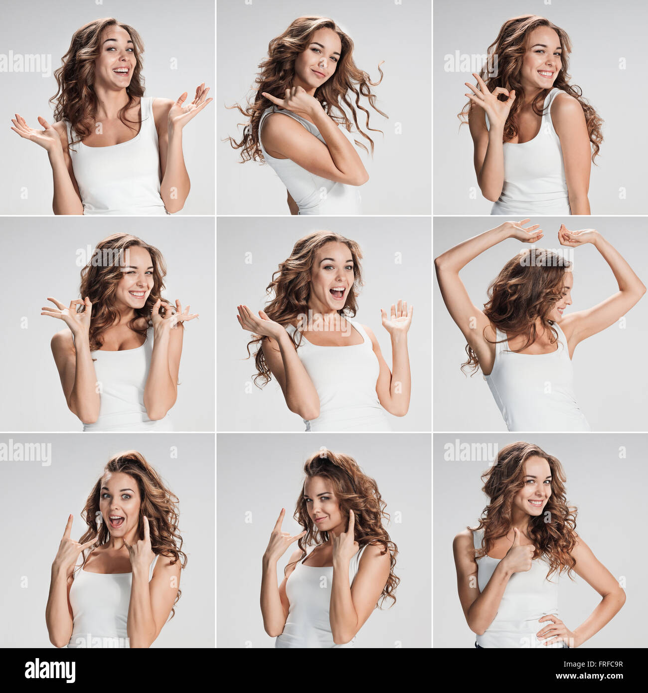 Set of young woman's portraits with different happy emotions Stock ...