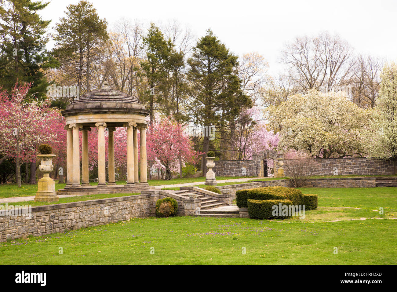 Beautiful spring scene in garden with marble gazebo and flowering ...