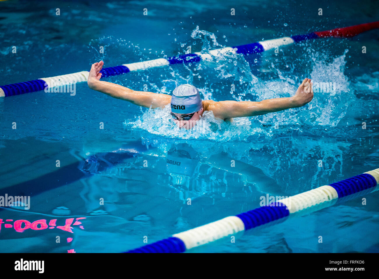 young athlete swimmer butterfly in sprint distance in pool during ...