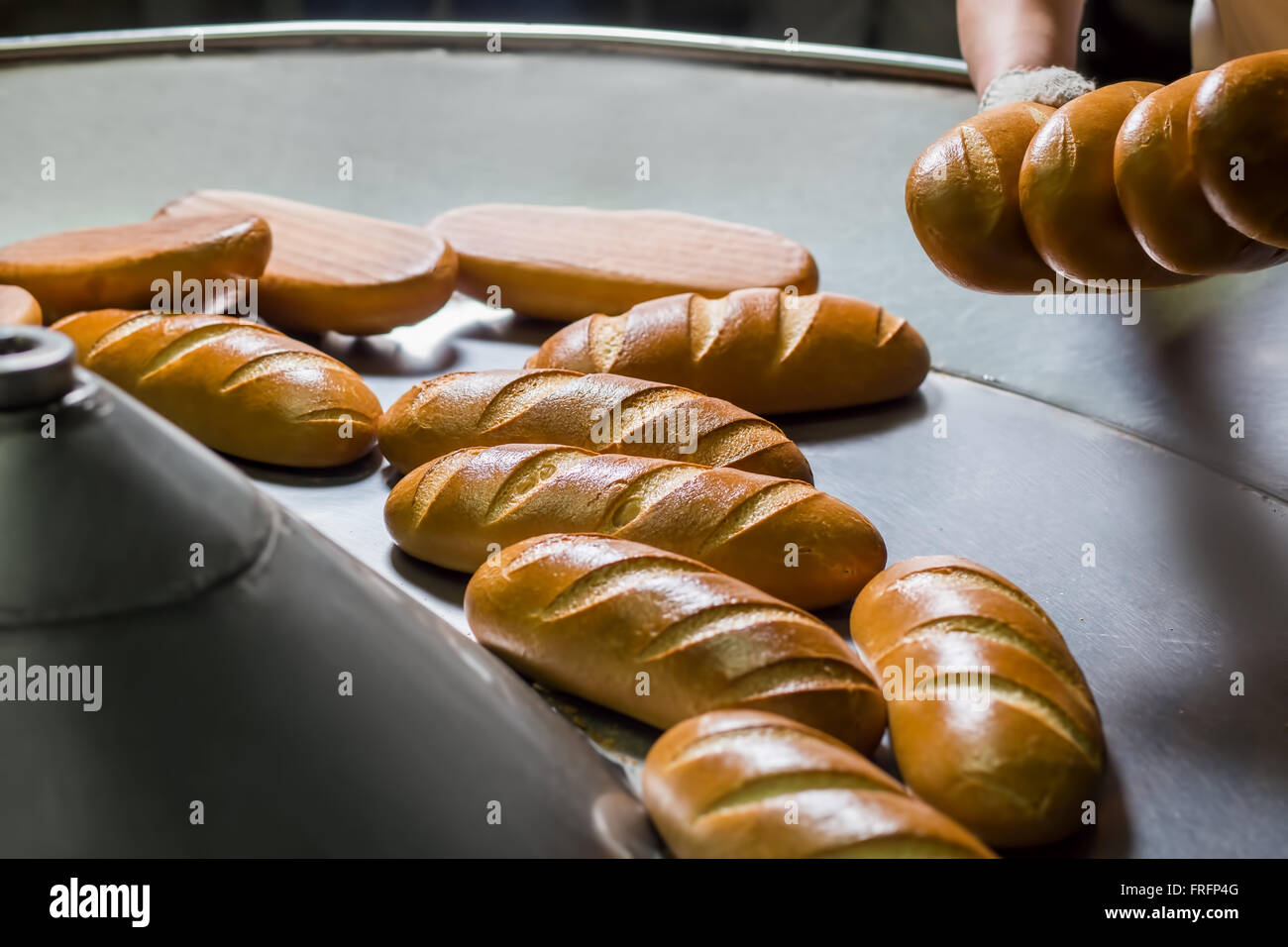 Unloading of bread from the conveyor Stock Photo - Alamy