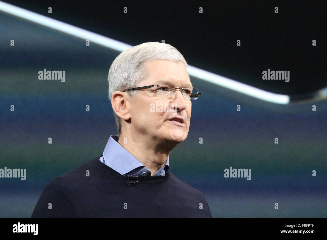 Cupertino, California, USA. 21st Mar, 2016. Apple CEO Tim Cook presents ...