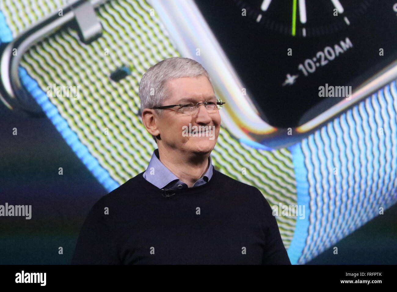 Cupertino, California, USA. 21st Mar, 2016. Apple CEO Tim Cook presents ...