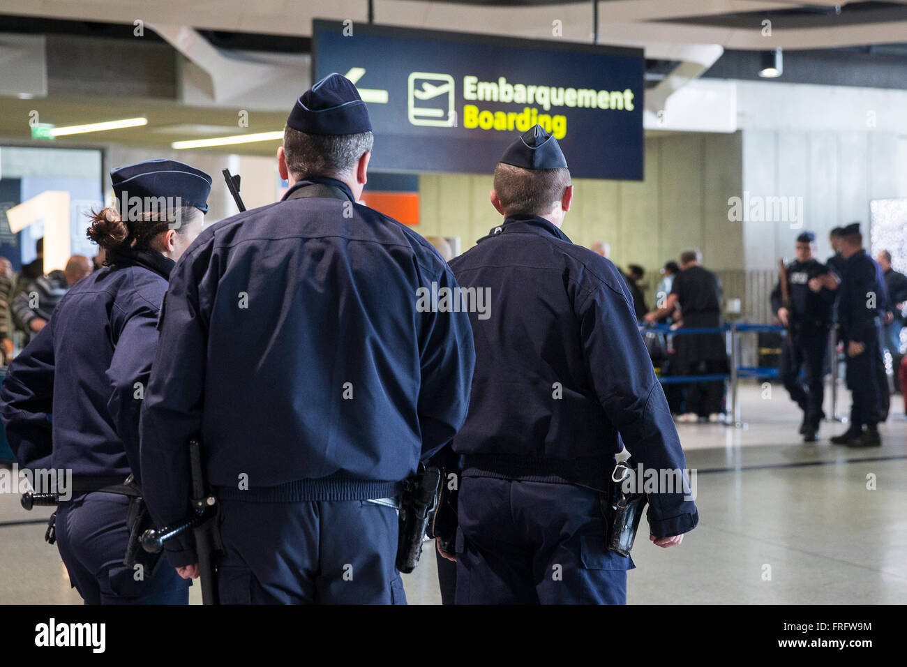 Paris, France. 22nd Mar, 2016. Police officers patrol at Charles de ...