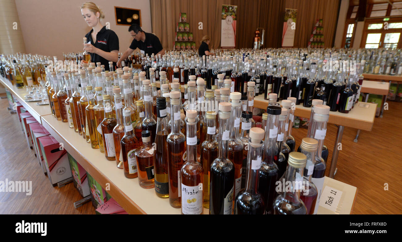 Sasbachwalden, Germany. 22nd Mar, 2016. Bottles of schnaps on tables at ...