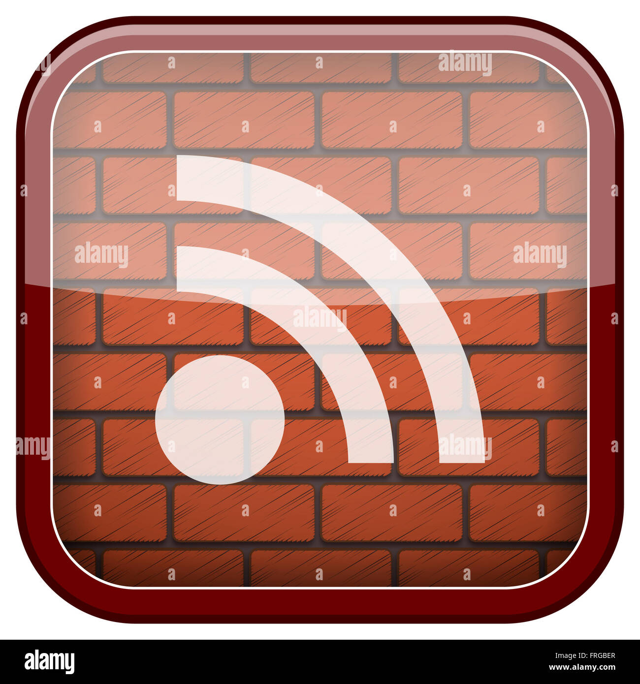 Square shiny icon with white design on bricks wall background Stock ...