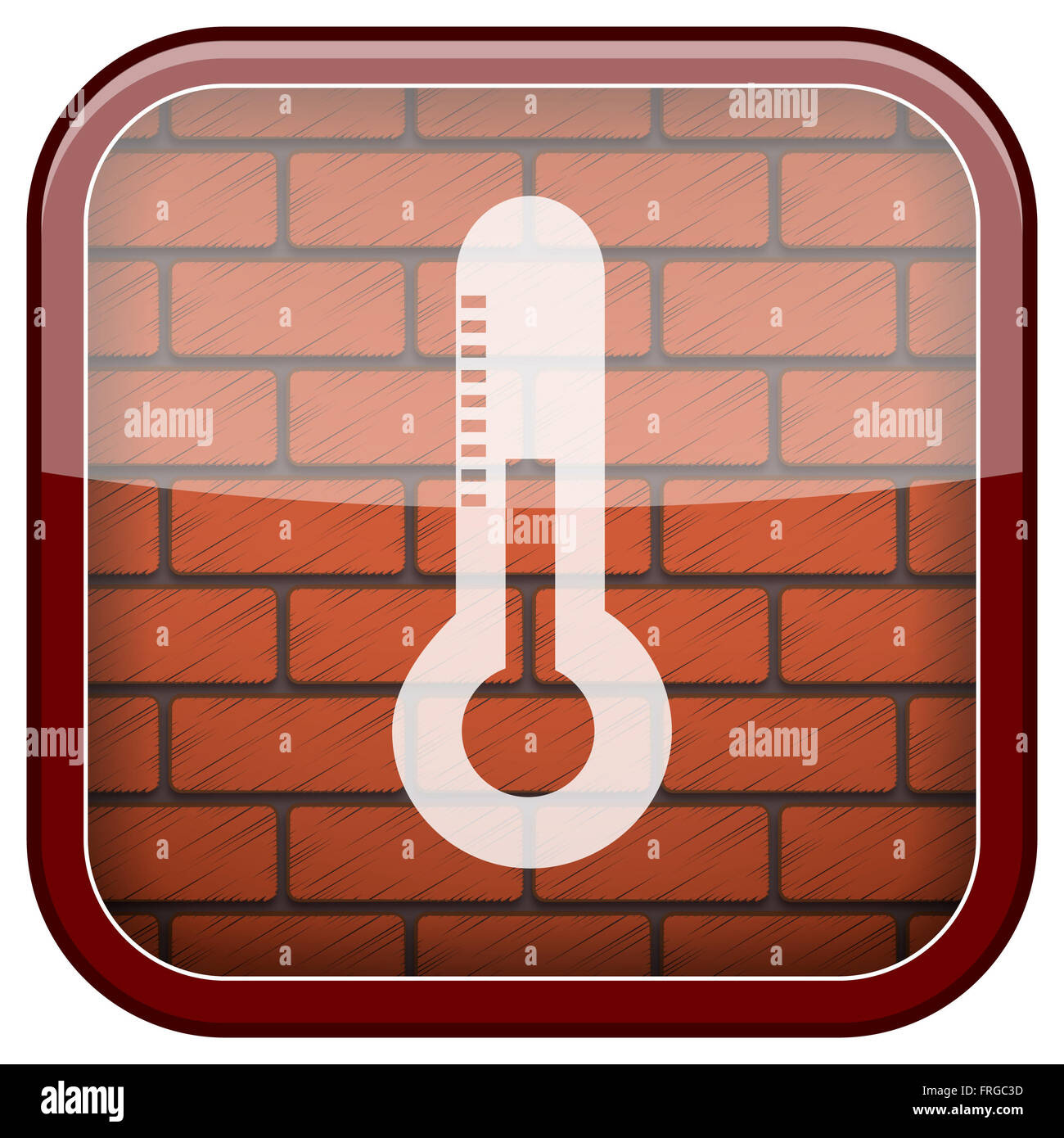 Square shiny icon with white design on bricks wall background Stock ...