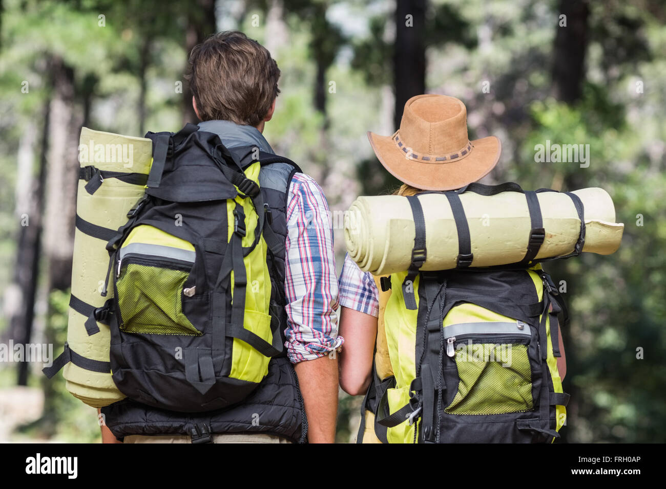 Rear view of couple with backpack hiking Stock Photo - Alamy