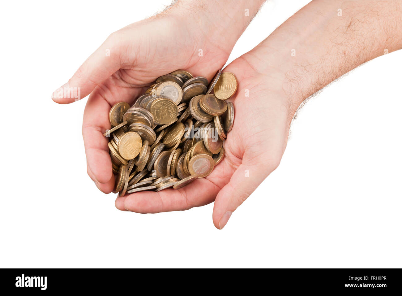 Top view in the hands of holding coins isolated on white Stock Photo ...