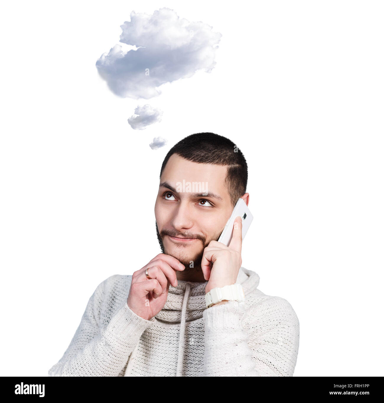 Young man daydream and speak on the phone Stock Photo - Alamy