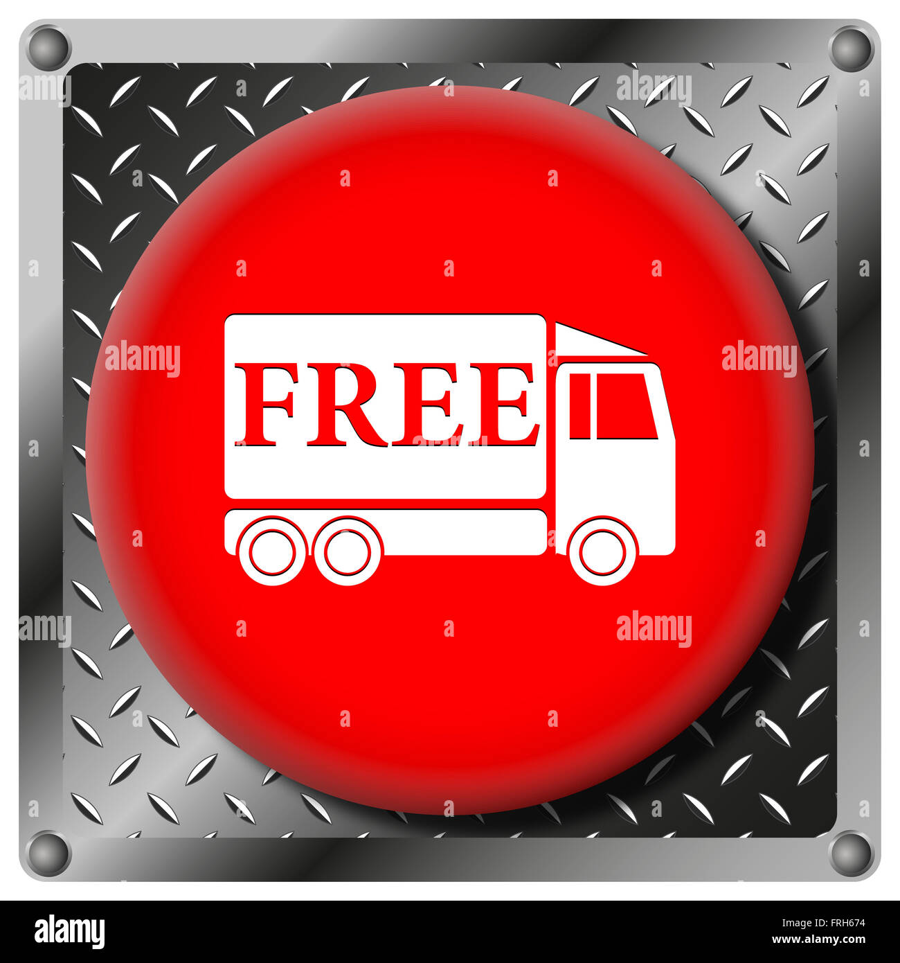 Square icon with white design on red plastic and metallic background ...