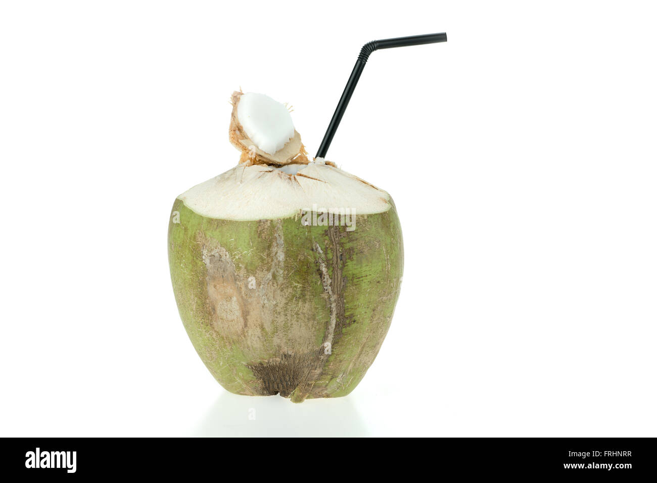 Opened green coconut with straw, isolated on white background. Food or ...