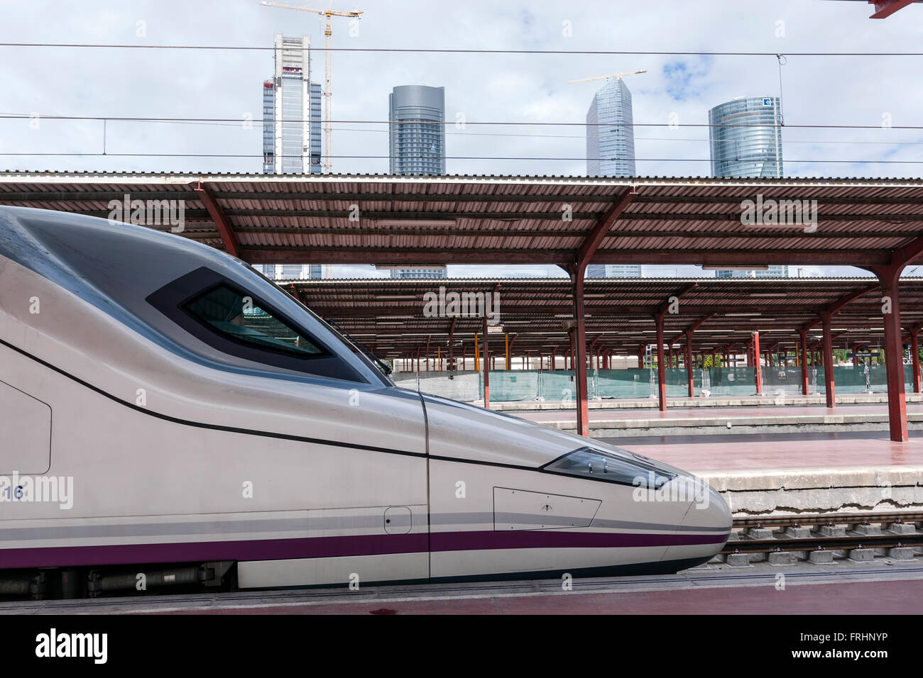 Locomotive of an AVE, high speed train, in Chamartin Station with the ...