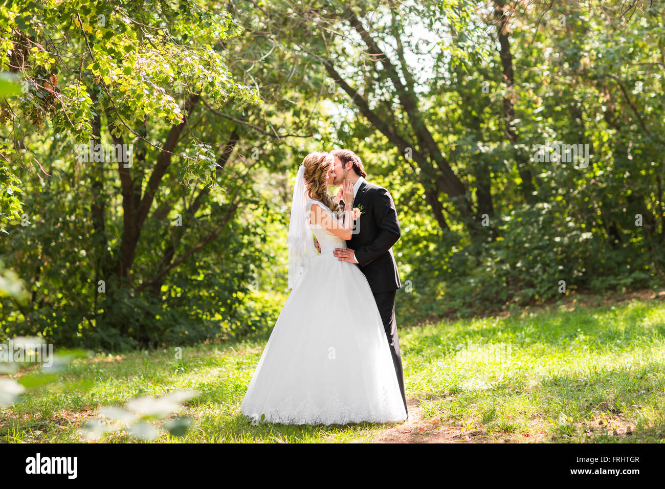 Beautiful wedding couple in park. They kiss and hug each other Stock ...