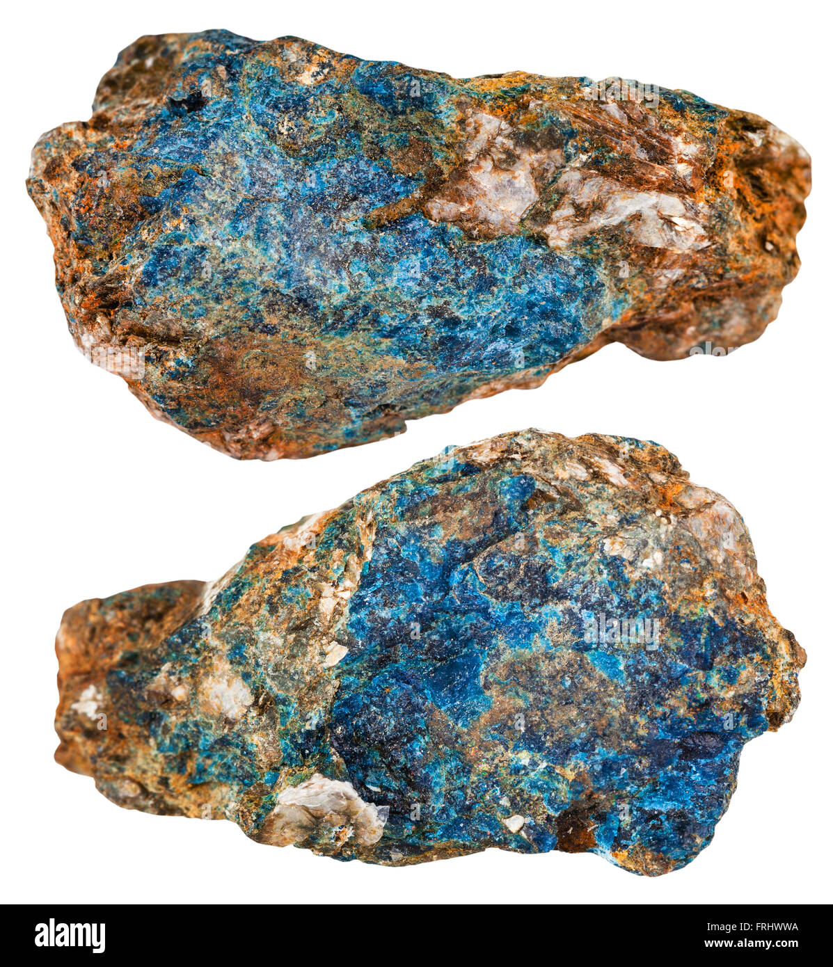 two pieces of dark blue Lazulite mineral stones on mica isolated on ...