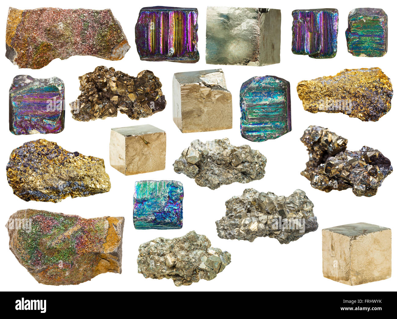 set of various pyrite mineral stones and crystals isolated on white ...
