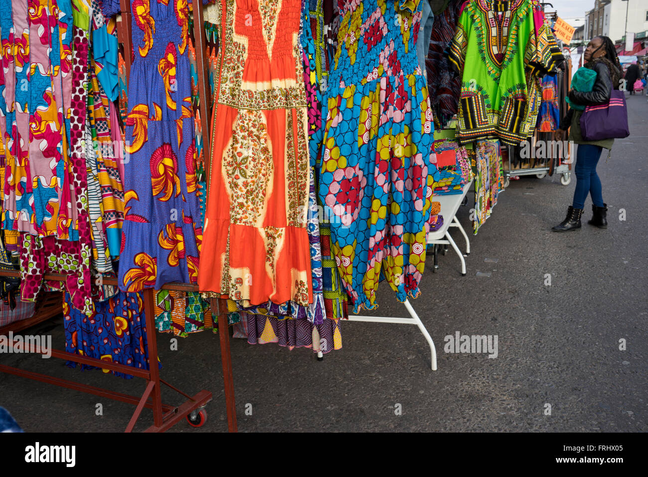 African dresses stall at Ridley Road market in Dalston, London, UK ...