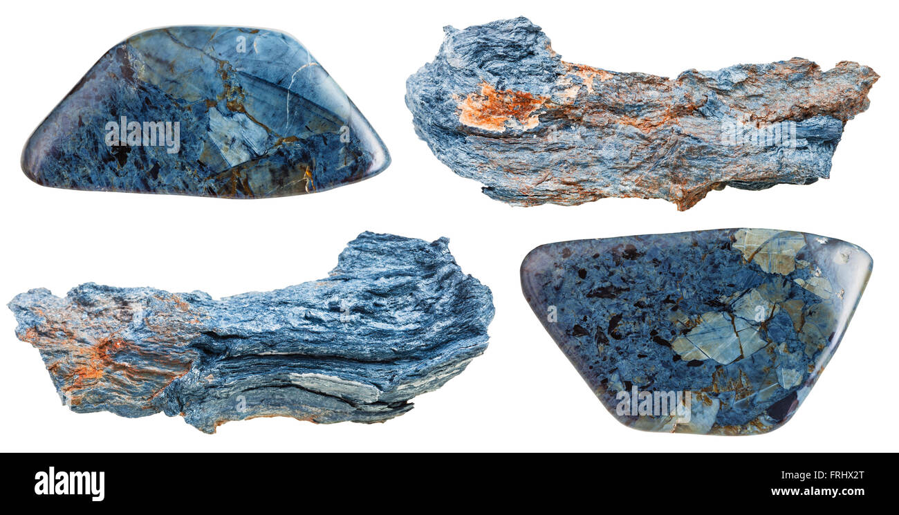 set of rhodusite (blue asbestos, riebeckite) mineral stone and polished ...