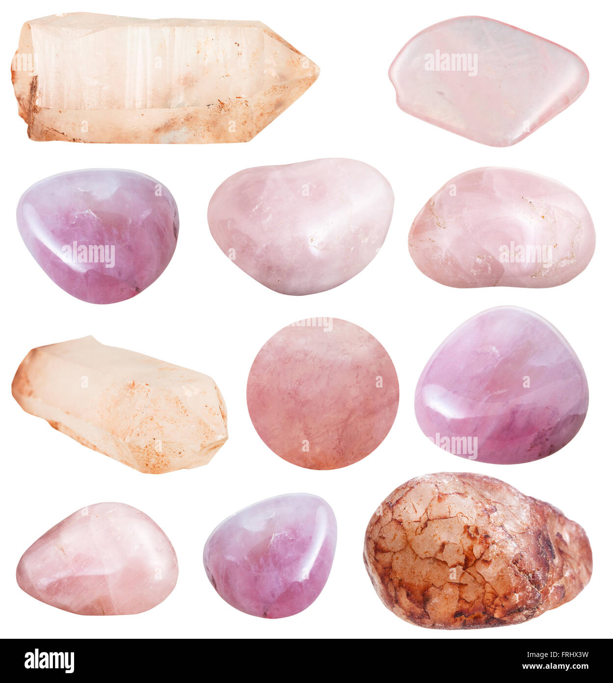 set of rose quartz polished gemstones and crystals isolated on white ...
