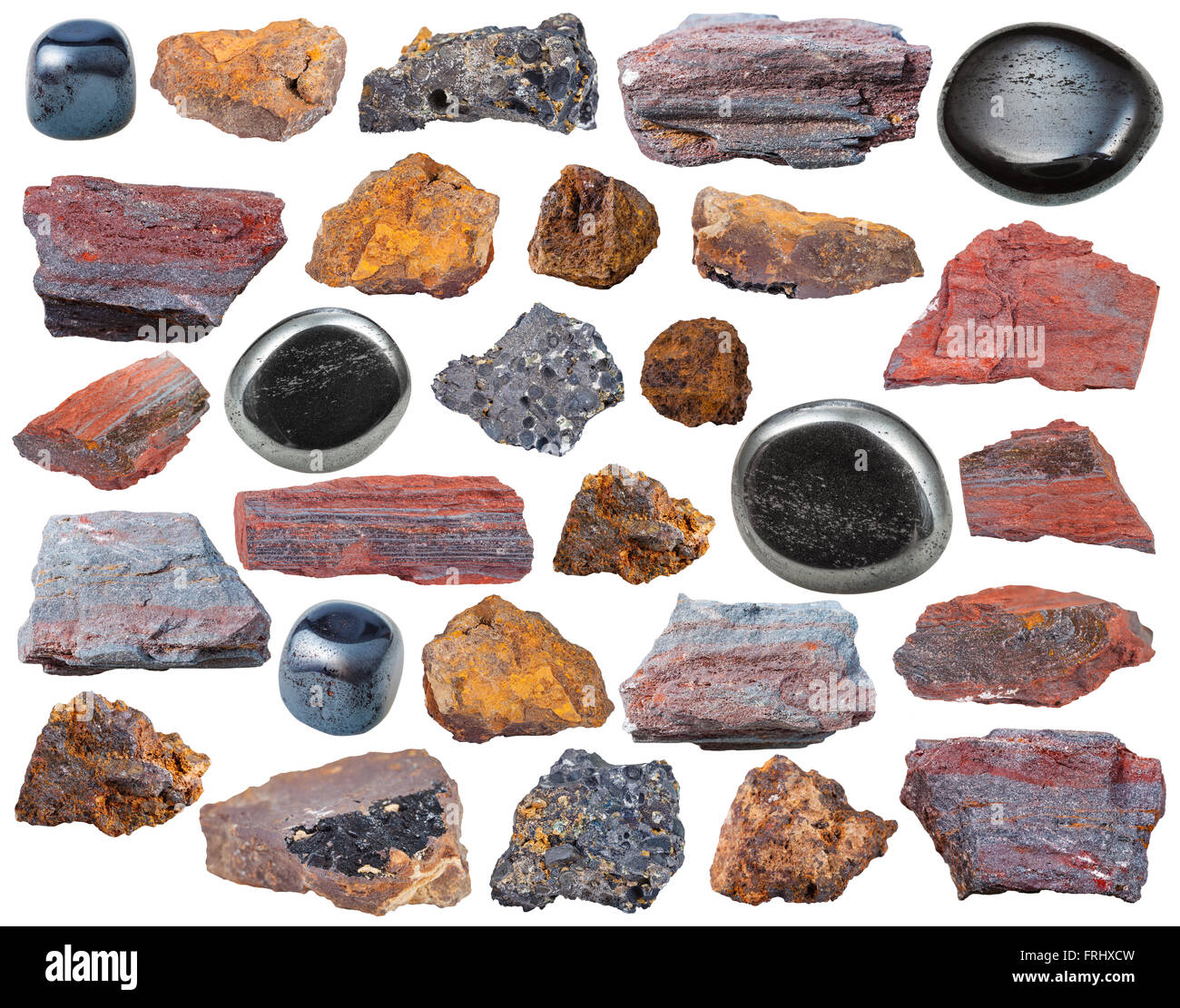 set of various Hematite mineral stones and rocks isolated on white ...