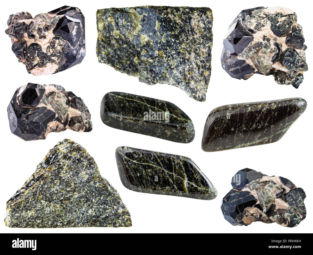 set of Diopside rock, polished gemstones, crystals isolated on white ...