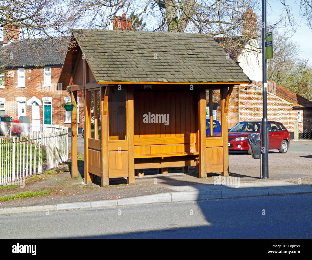 A view of a village bus shelter at Chedgrave, Norfolk, England, United ...