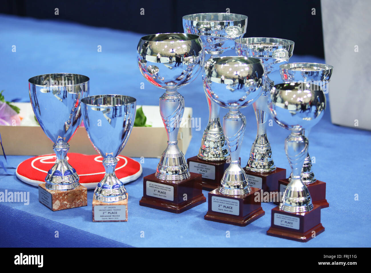 ZAGREB,CROATIA - MARCH 12: Winner cups on the ISU Synchronized Skating ...