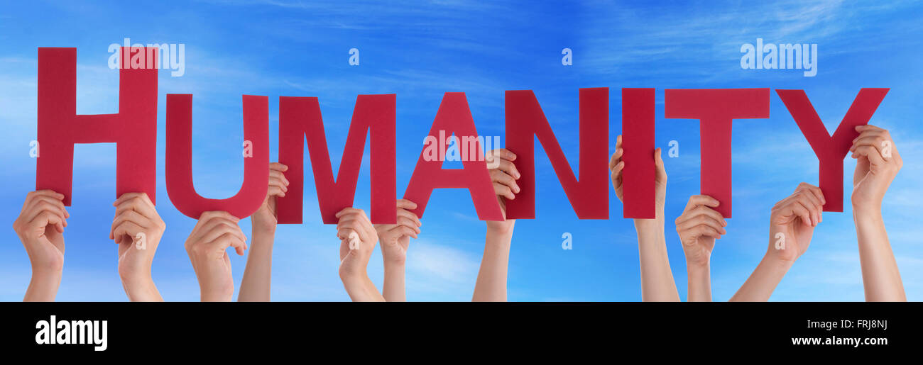 Many People Hands Holding Red Straight Word Humanity Blue Sky Stock ...