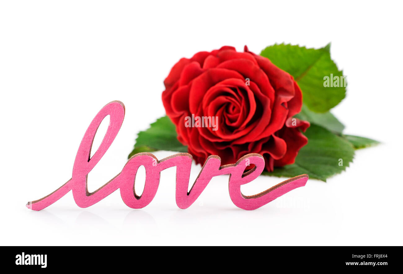 Red rose and pink wooden word 'love' isolated on white Stock Photo - Alamy